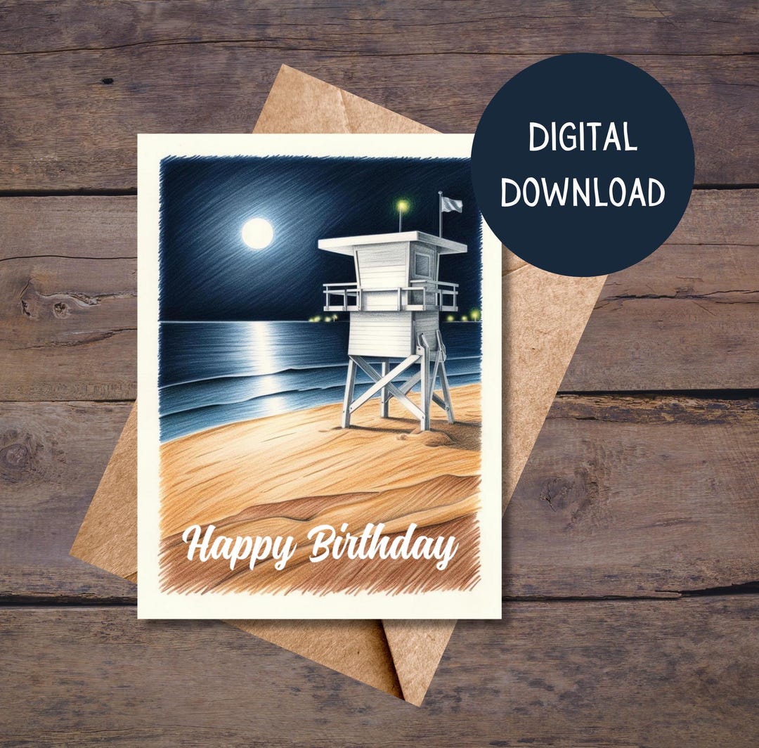 Beach Birthday Card, Printable Birthday Cards, Night on the Beach Card ...