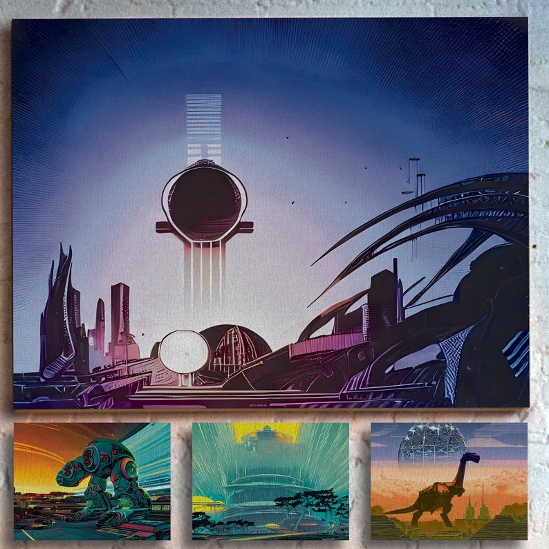 4x Robots & Sci-fi Themed T-rex Atmospheric Printable Artwork Digital ...