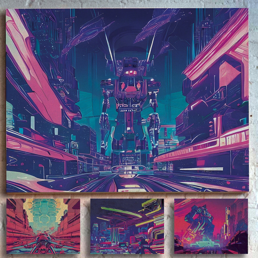 4x Robots & Sci-fi Themed Purple-pink Stylised Printable Artwork ...