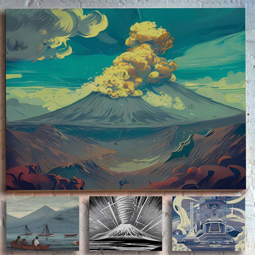 4x Volcano Themed Stark Oriental Block Printable Artwork Digital ...