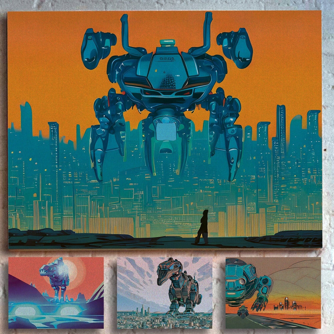 4x Robots & Sci-fi Themed Orange-teal Stylised Printable Artwork ...