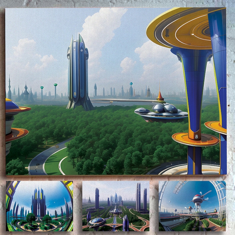 4x Robots & Sci-fi Themed Eco Future Green Cityscape Printable Artwork ...