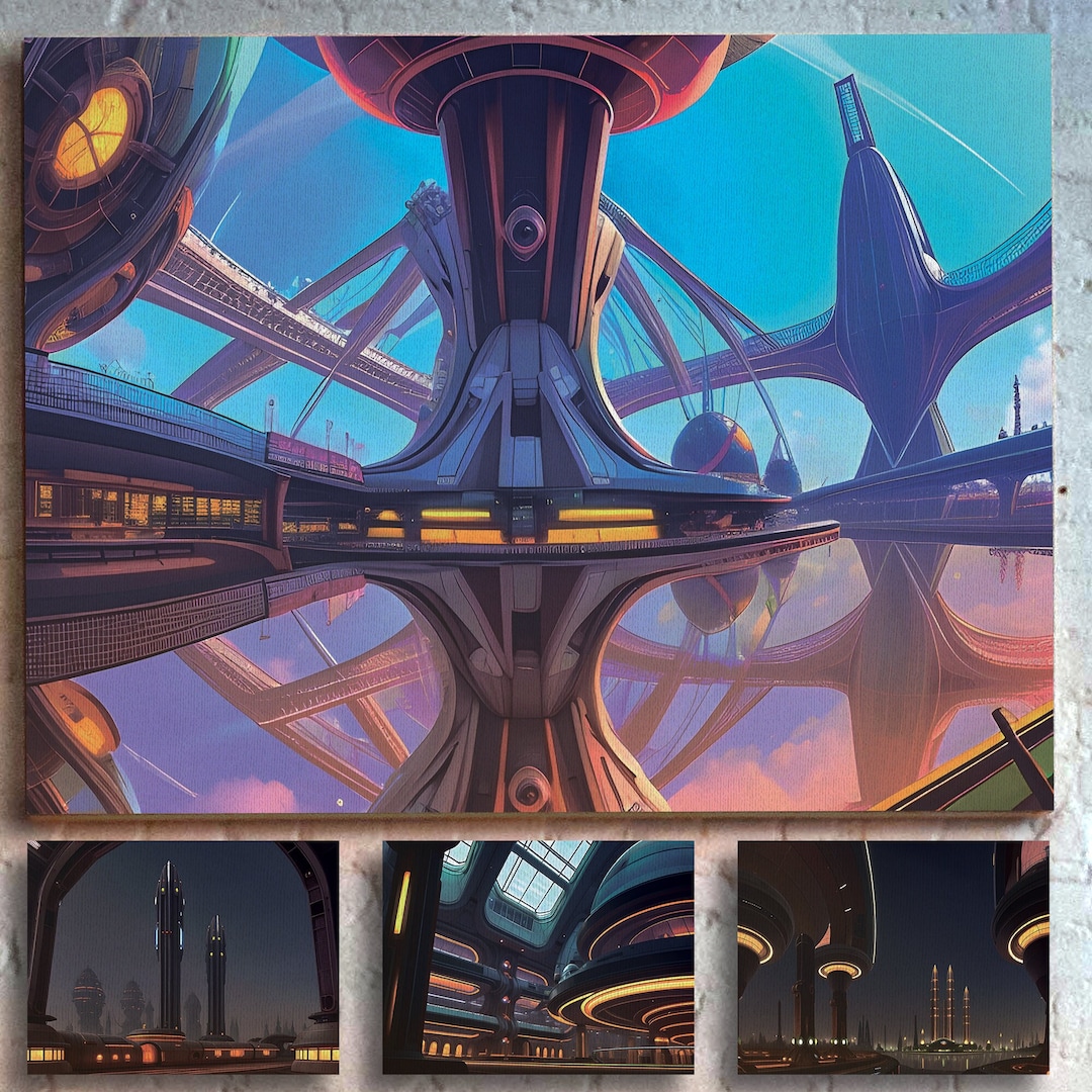 4x Robots & Sci-fi Themed Night and Flight Cityscape Printable Artwork ...