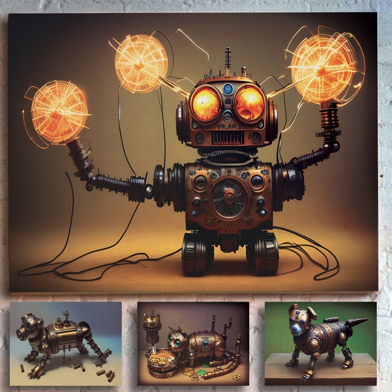 4x Robots & Sci-fi Themed Cute Steam-punk Pets Printable Artwork ...