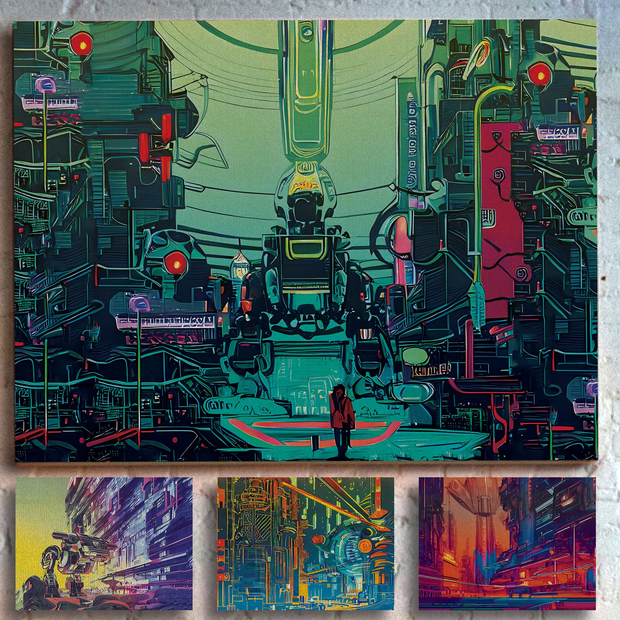 4x Robots & Sci-fi Themed Neon Cityscape Printable Artwork Digital ...