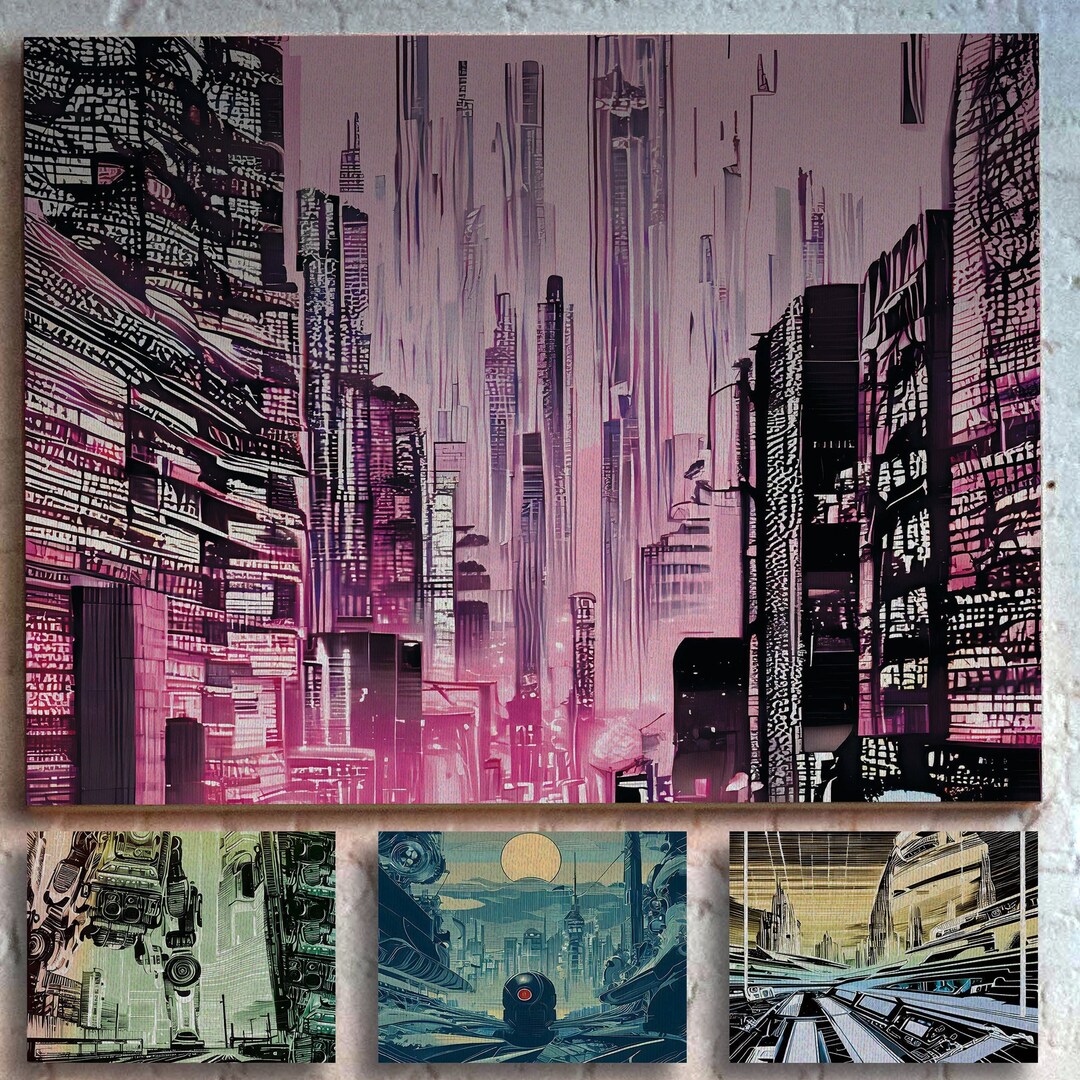 4x Robots & Sci-fi Themed Future Noire Colourised Printable Artwork ...