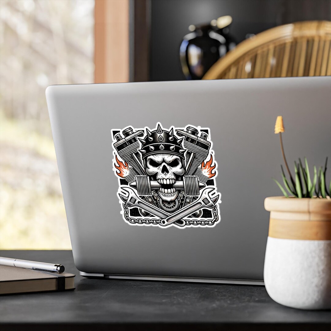 Gearhead Skull, Pistons & Flames Motorcycle Helmet Decal Biker Gift ...