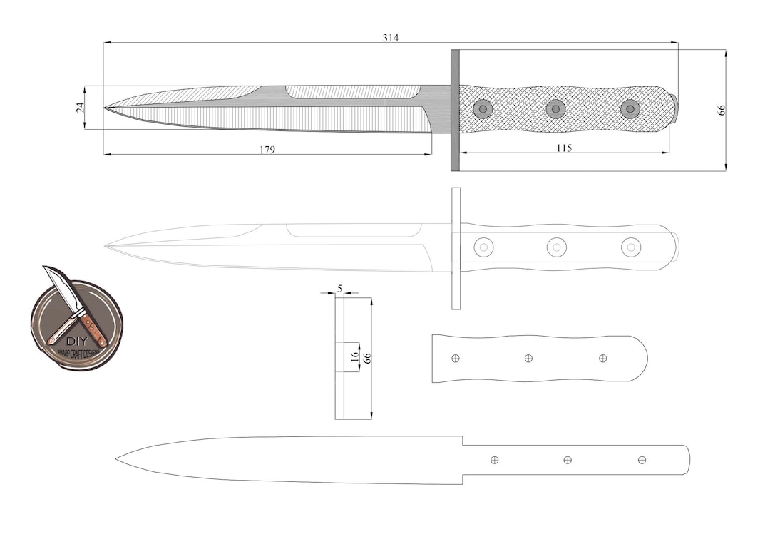 Classic Straight Knife Template | Full Tang Blade Design Plans | DWG ...