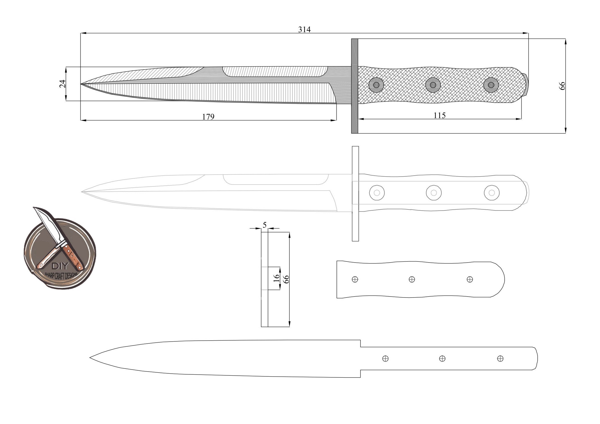 Classic Straight Knife Template | Full Tang Blade Design Plans | DWG ...