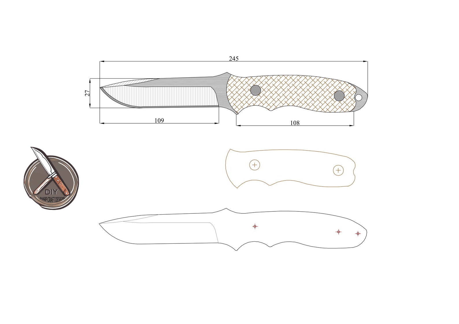 Classic Hunting Knife Template | Traditional Skinner Blade Blueprint ...