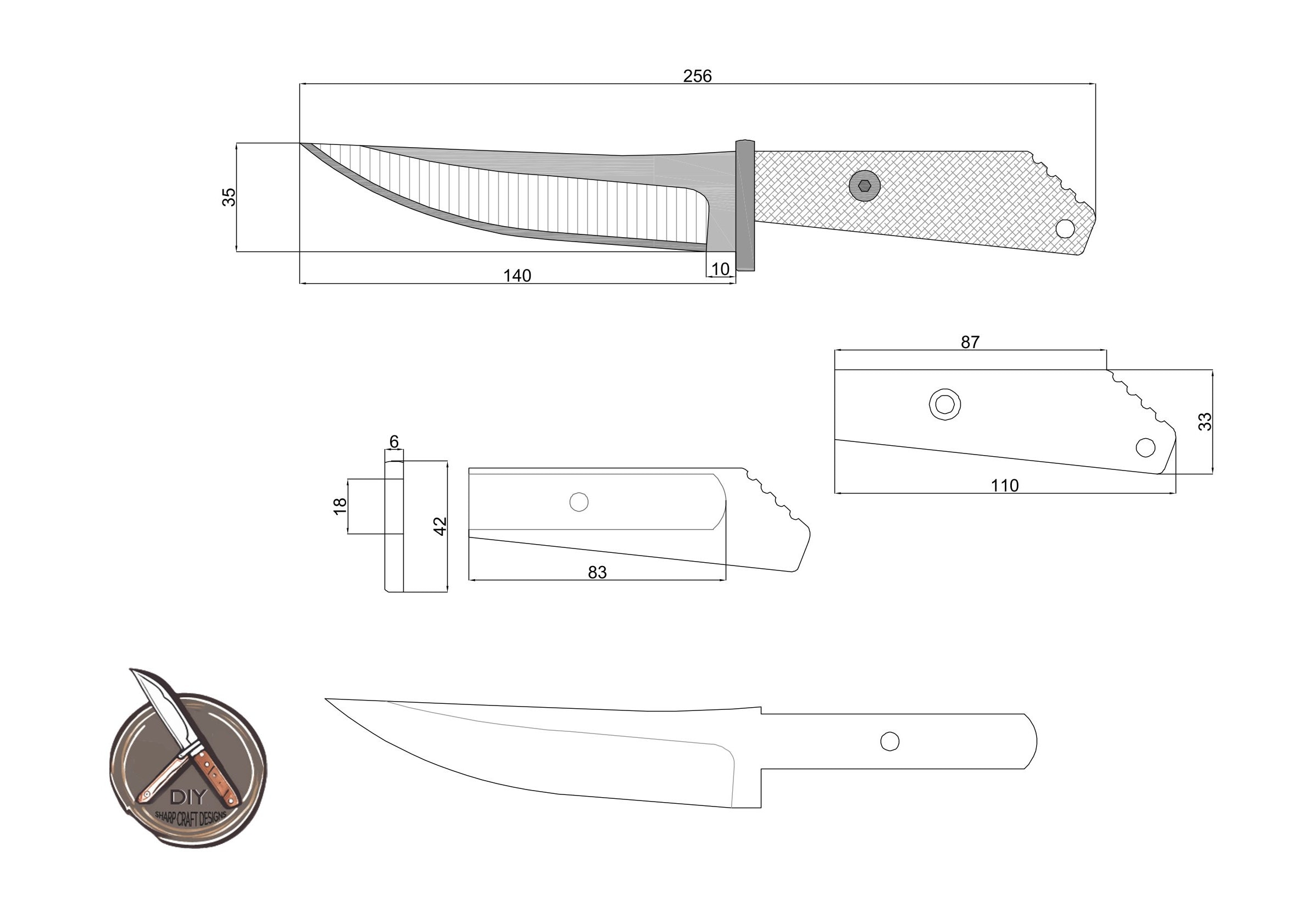 Chef's Knife Digital Template: Kitchen Knife Blueprint (DWG, DXF, PDF ...