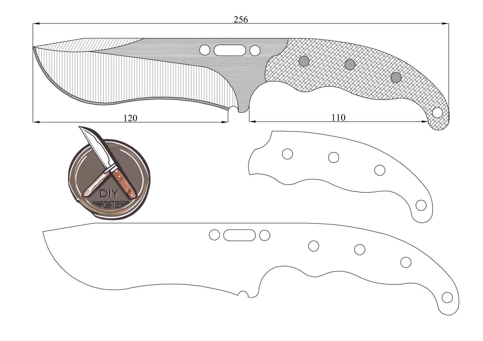 Artisan Crafted Knife Template - Full Tang 256mm Knife DXF, DWG, PDF ...