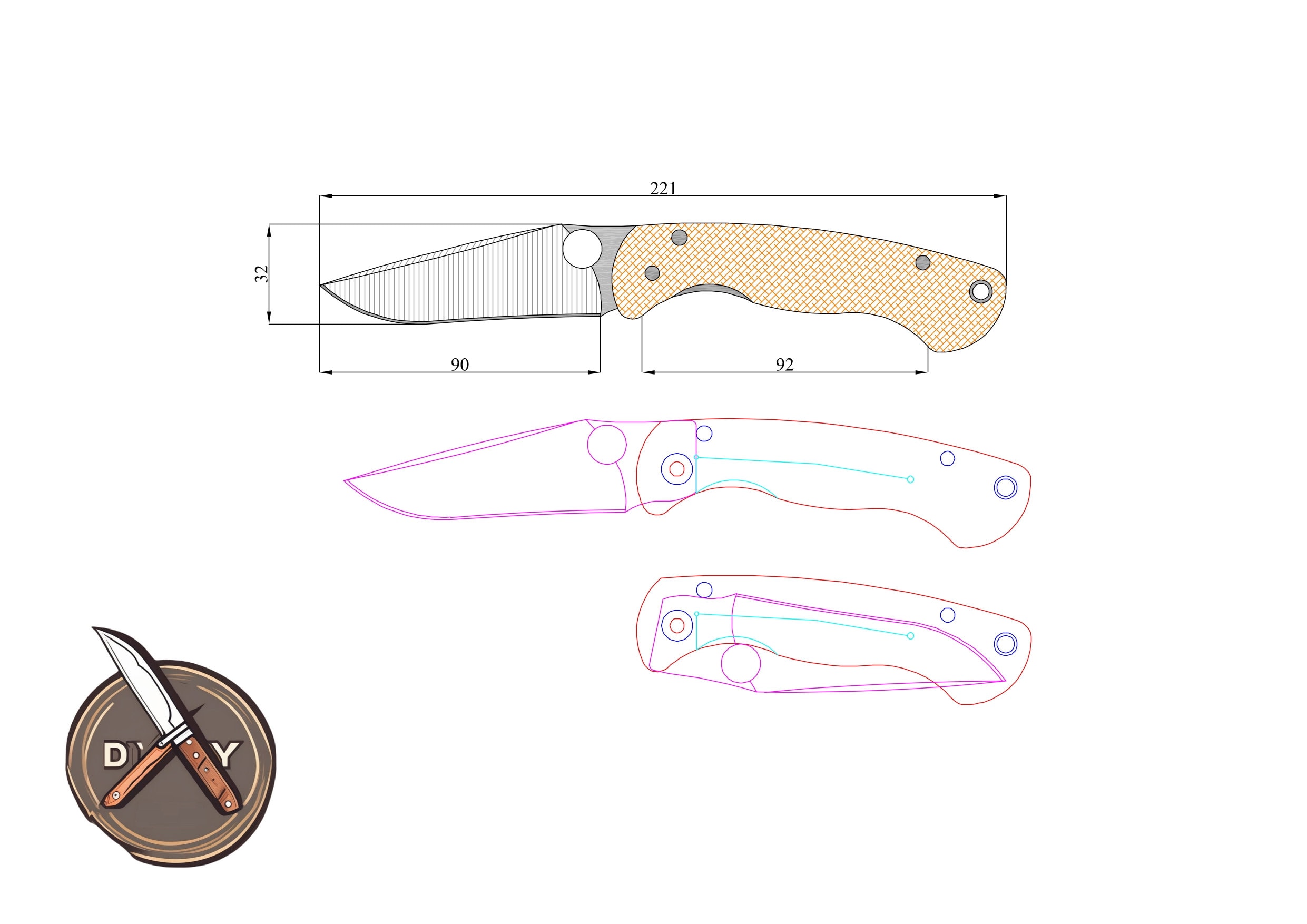 Knife Drawing, Sketch, Printable Templates, Custom Knife Plans, Design ...