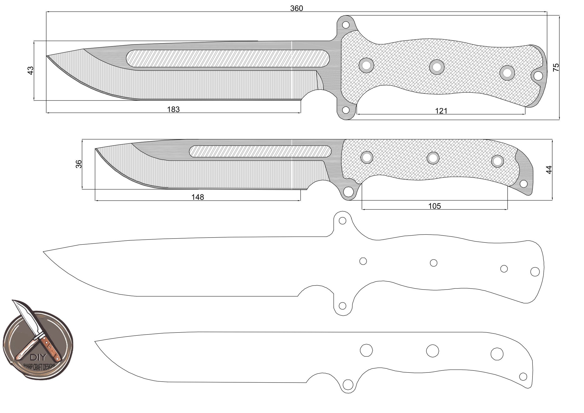Tactical Combat Knife Digital Template, Military-style Knife Design DXF ...