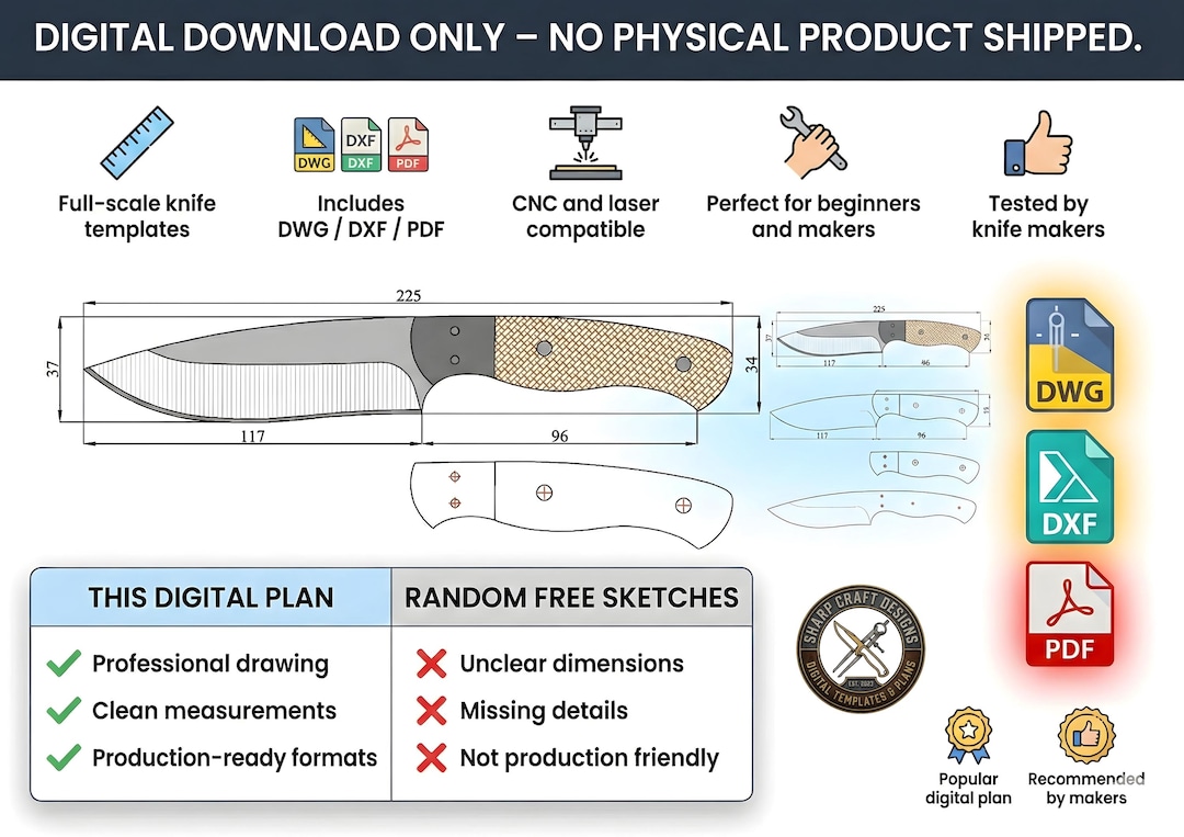 Hunting Knife Template PDF & DXF | Full Tang Bushcraft Blade Plan | DIY ...