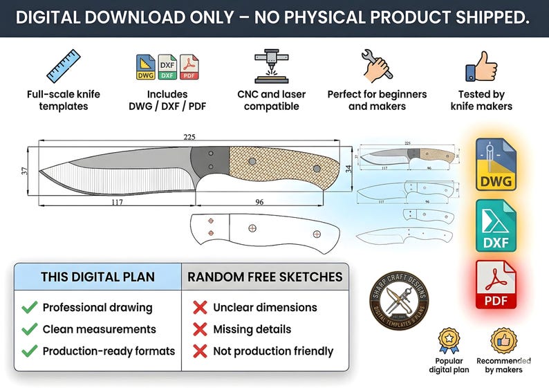 Hunting Knife Template PDF & DXF | Full Tang Bushcraft Blade Plan | DIY ...