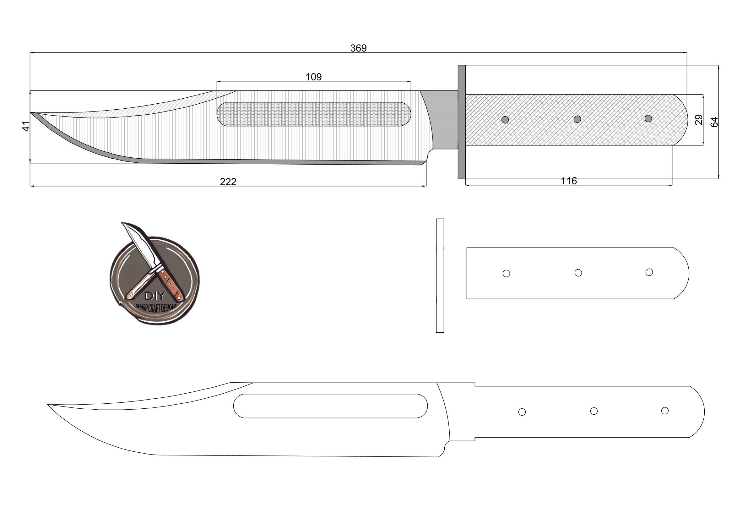 Large Bowie Knife Design Blueprint | High-quality Pdf, DWG, and DXF ...