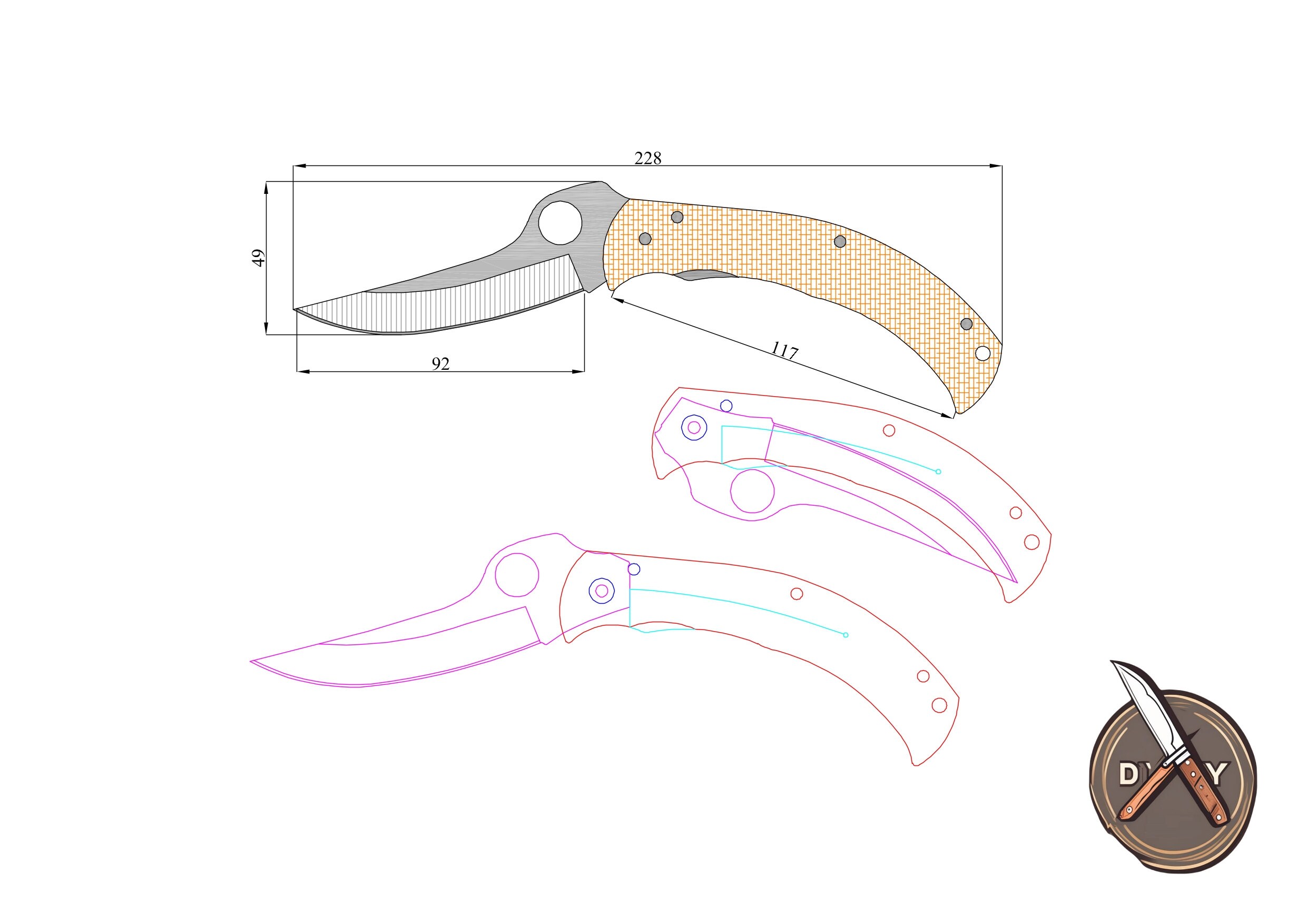 Knife Drawing, Sketch, Printable Templates, Custom Knife Plans, Design ...