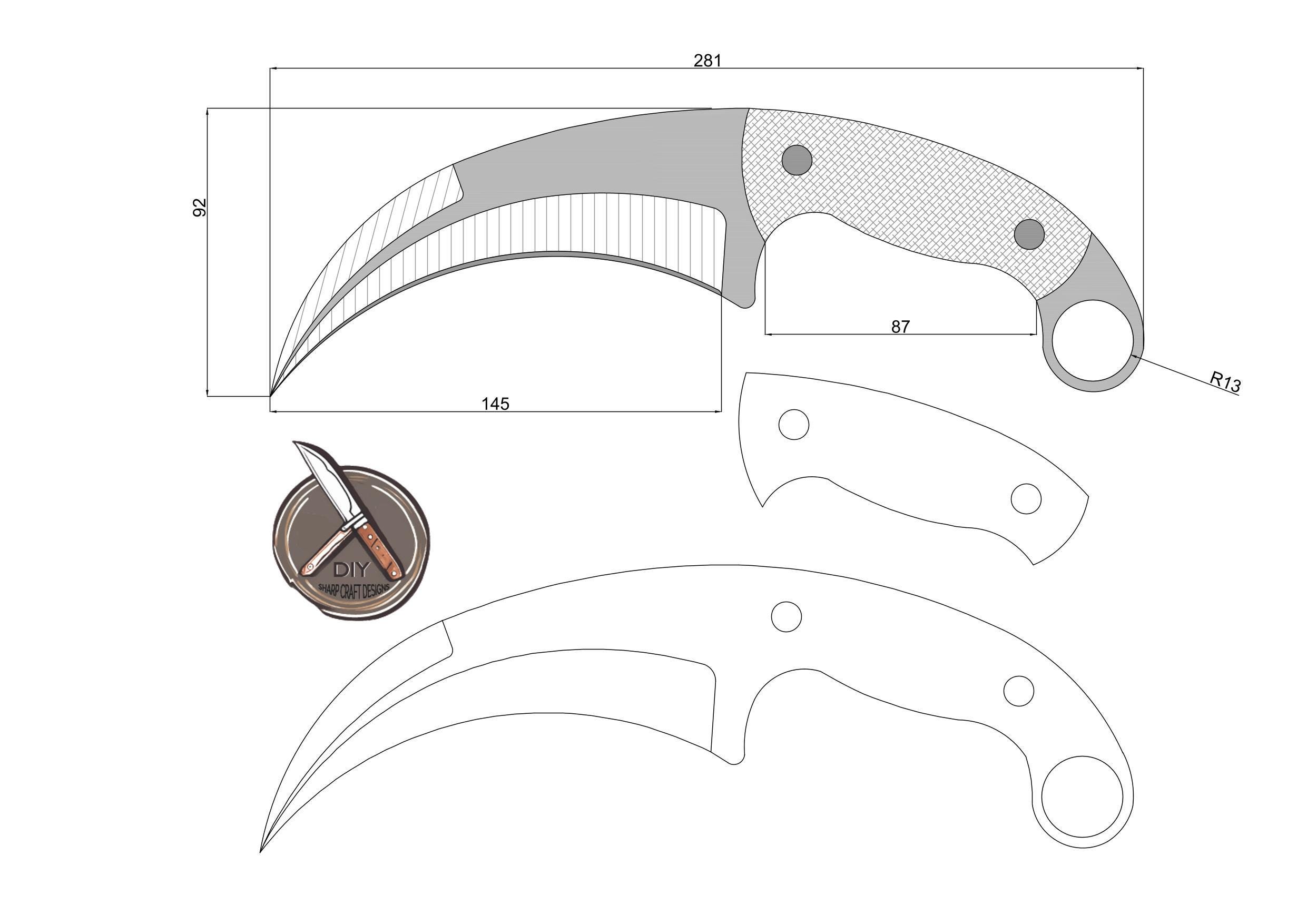 Large Karambit Knife Template: Curved Tactical Blade Design (PDF, DWG ...