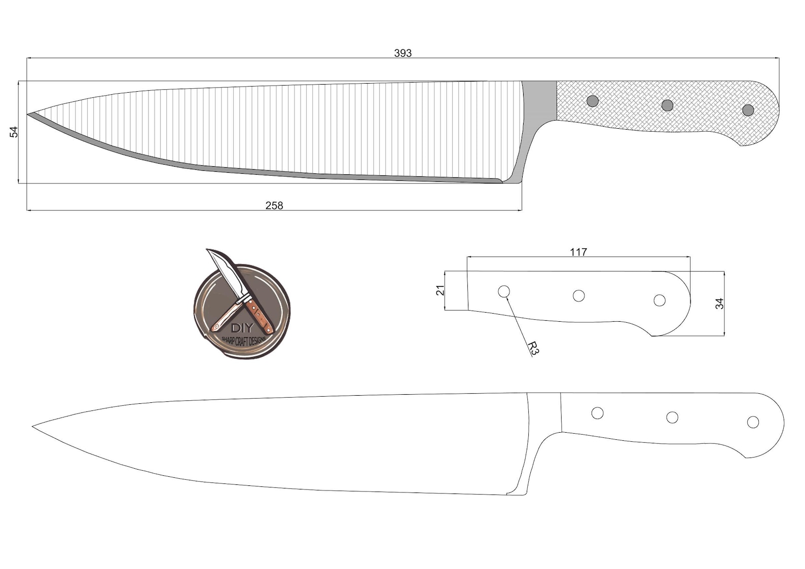 Large Chef Knife Template for Diy Knife Makers, Pdf Dwg Dxf Digital ...