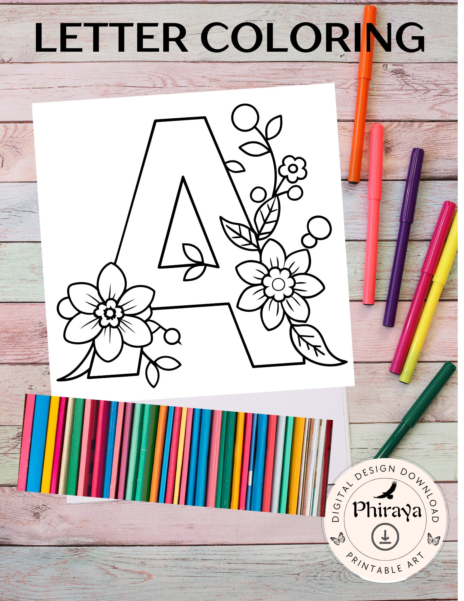 26 Alphabets Coloring Book, A-Z Letters Coloring, Letters With Flowers ...