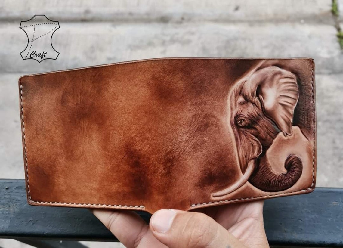 Leather Bifold Wallet Handmade,genuine Leather,elephant Stamped.carving ...