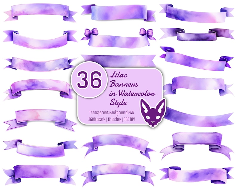 Lilac Banners in Watercolor Style | Set of 36 PNG Files | Transparent ...