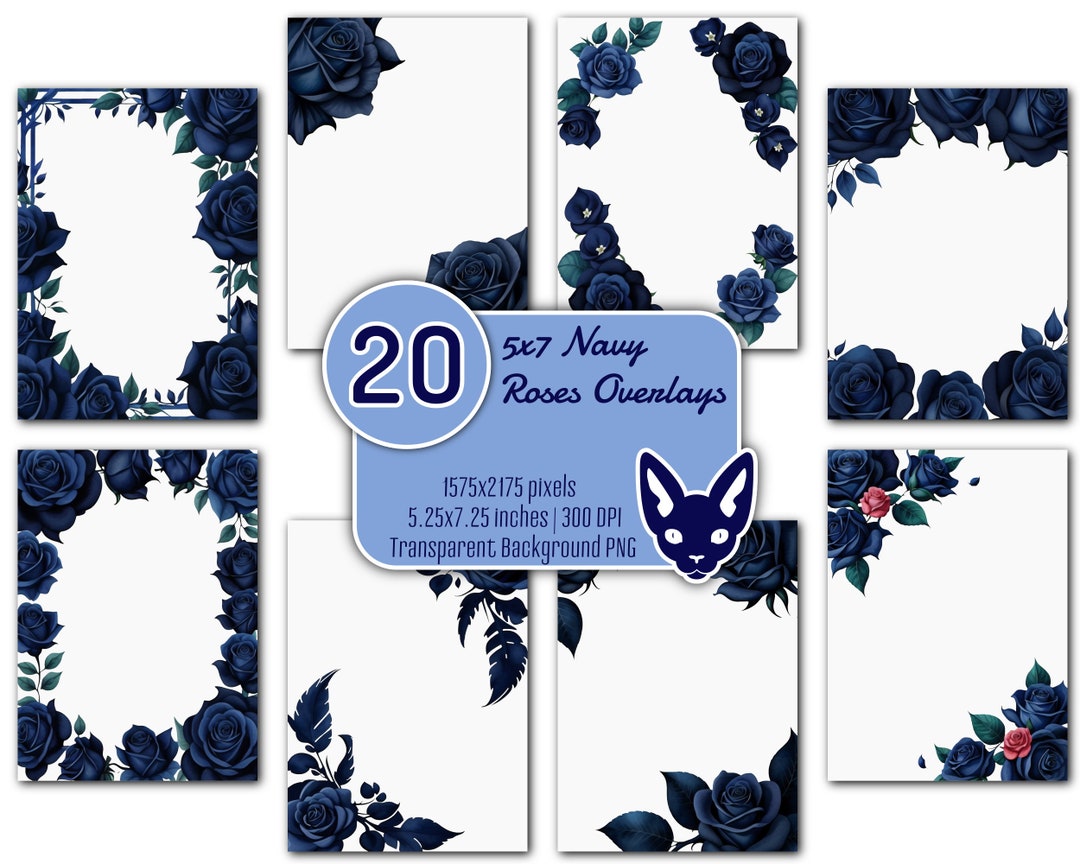 Navy Rose Watercolor Overlays: Invitation Card PNG Set (digital ...