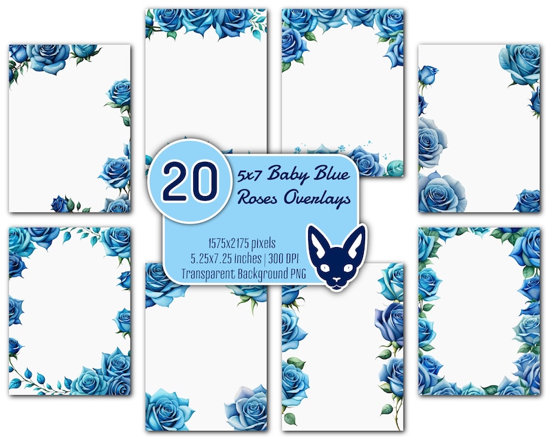 Baby Blue Rose Watercolor Overlays: 5x7 Invitation Frames (PNG, Digital ...