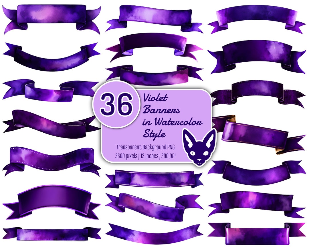 Violet Banners in Watercolor Style | Set of 36 PNG Files | Transparent ...