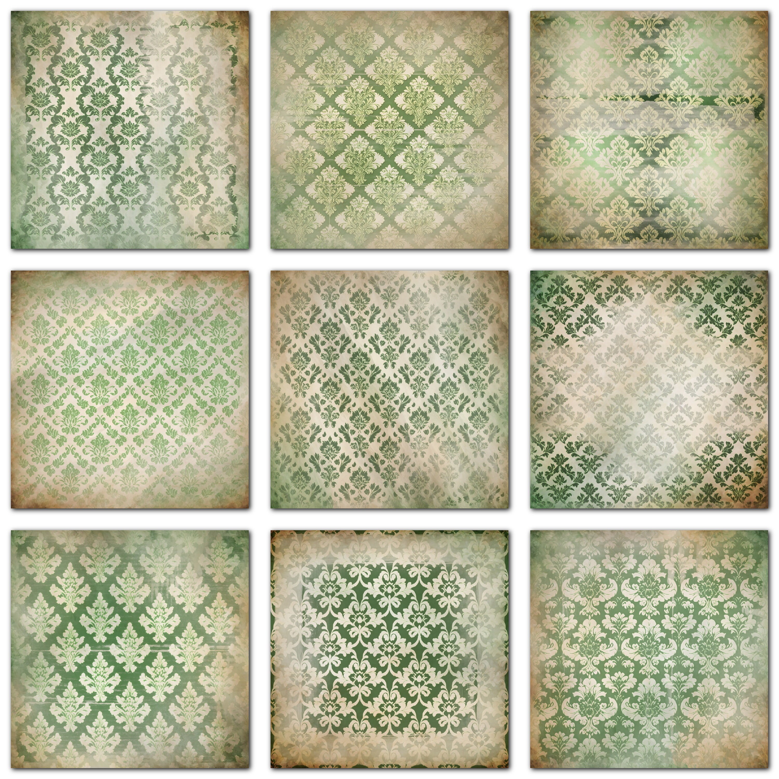 16x16" - Faded Green Vintage Damask Pattern | | Old Parchment ...