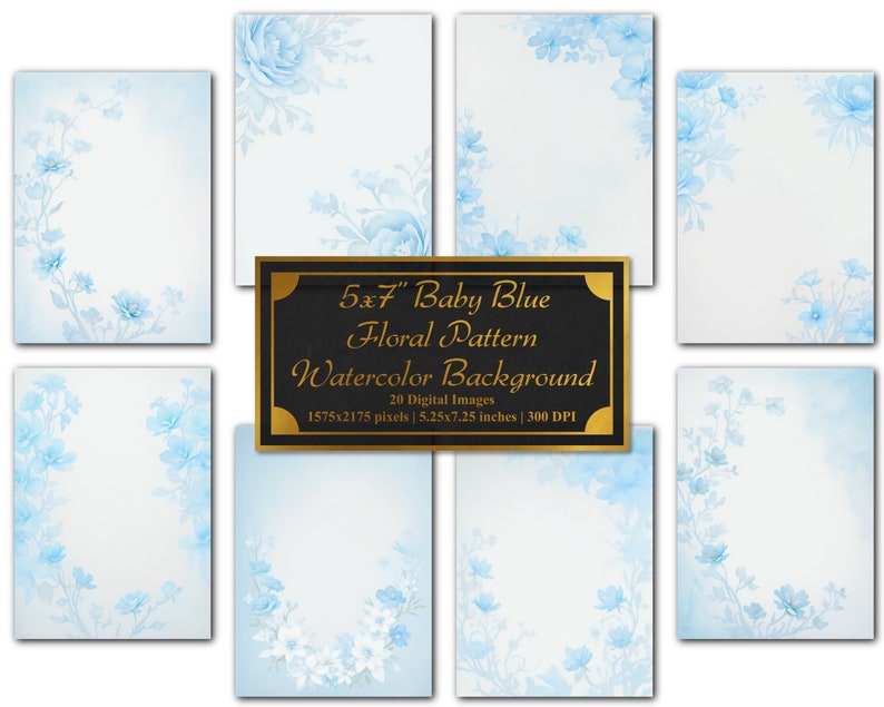 5x7 Backgrounds Baby Blue Watercolor Floral Pattern Digital Paper ...