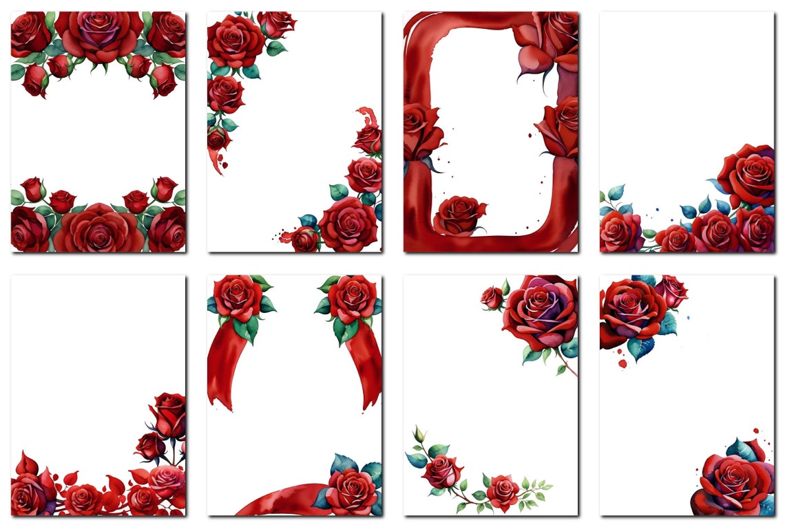 Red Rose 5x7" Backgrounds: Floral Borders & Frames (40 Jpgs) (digital ...
