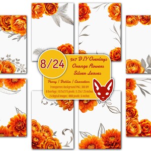 DIY 5x7" Orange Flowers (peony Dahlia Carnation) & Silver Leaves ...