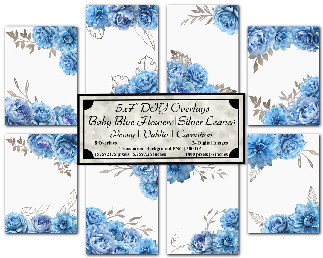DIY 5x7 Baby Blue Flowers peony Dahlia Carnation & Silver Leaves ...
