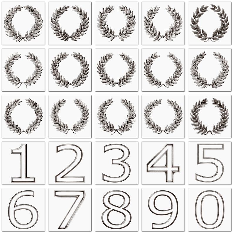 Laurels & Numbers - Vintage Line Art | Set of 50 Pngs With Transparent ...
