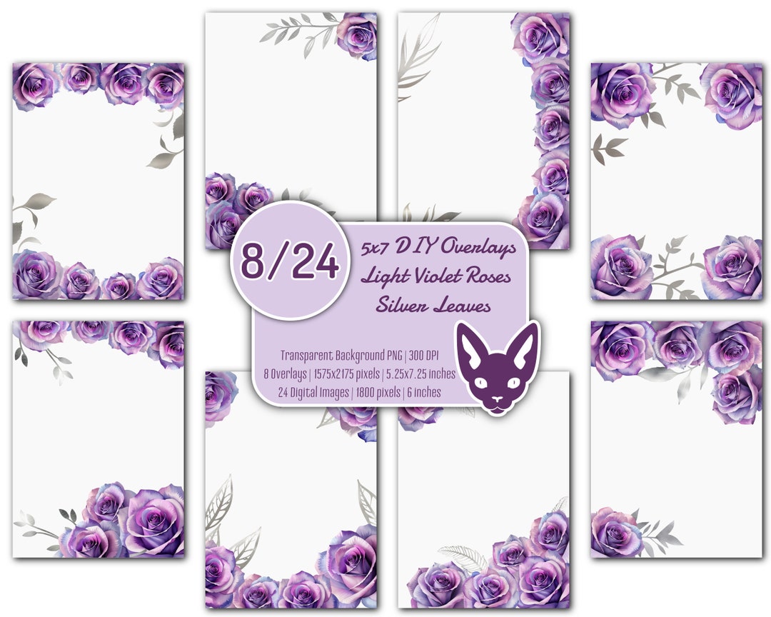 Violet Rose & Silver Leaf Overlays: 5x7 Invitation Graphics (digital ...