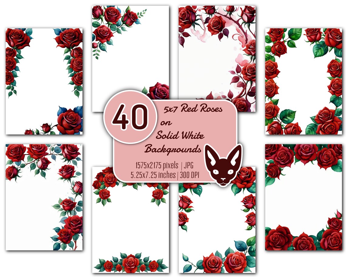 Red Rose 5x7" Backgrounds: Floral Borders & Frames (40 Jpgs) (digital ...