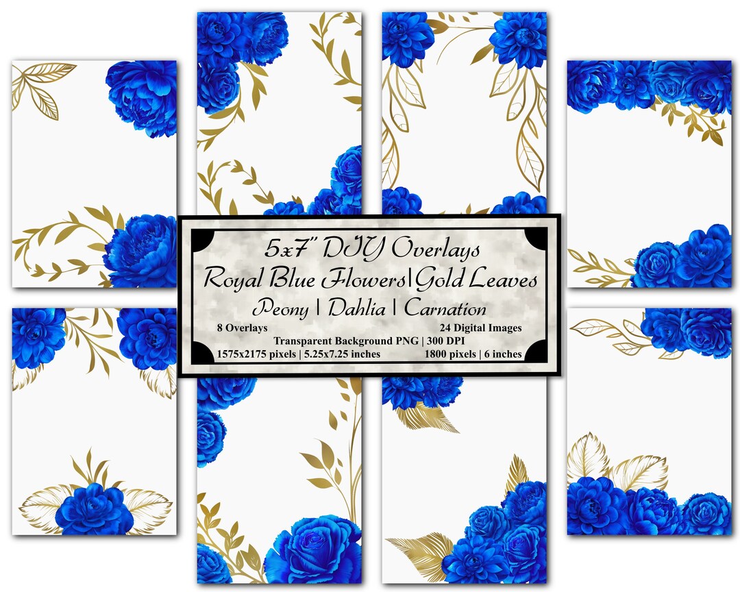 DIY 5x7 Royal Blue Flowers peony Dahlia Carnation & Gold Leaves ...