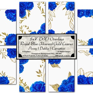 DIY 5x7 Royal Blue Flowers peony Dahlia Carnation & Gold Leaves ...