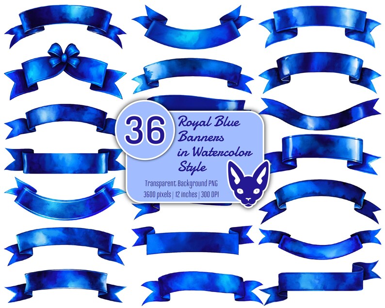 Watercolor Royal Blue Banners: 36 PNG Clip Art (digital Download) - Etsy