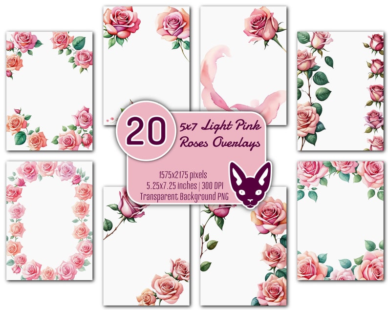 5x7" Light Pink Rose Overlays Set | 20 Pngs | Transparent Background ...
