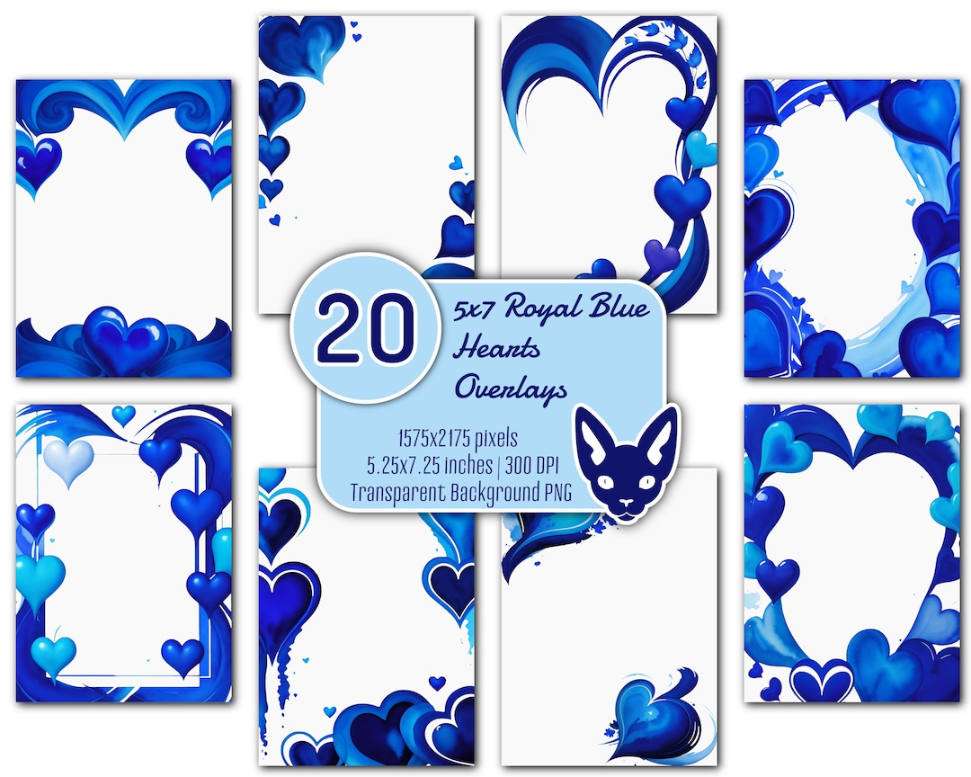 Royal Blue Watercolor Hearts Overlays: 5x7 Card Design (PNG Digital ...