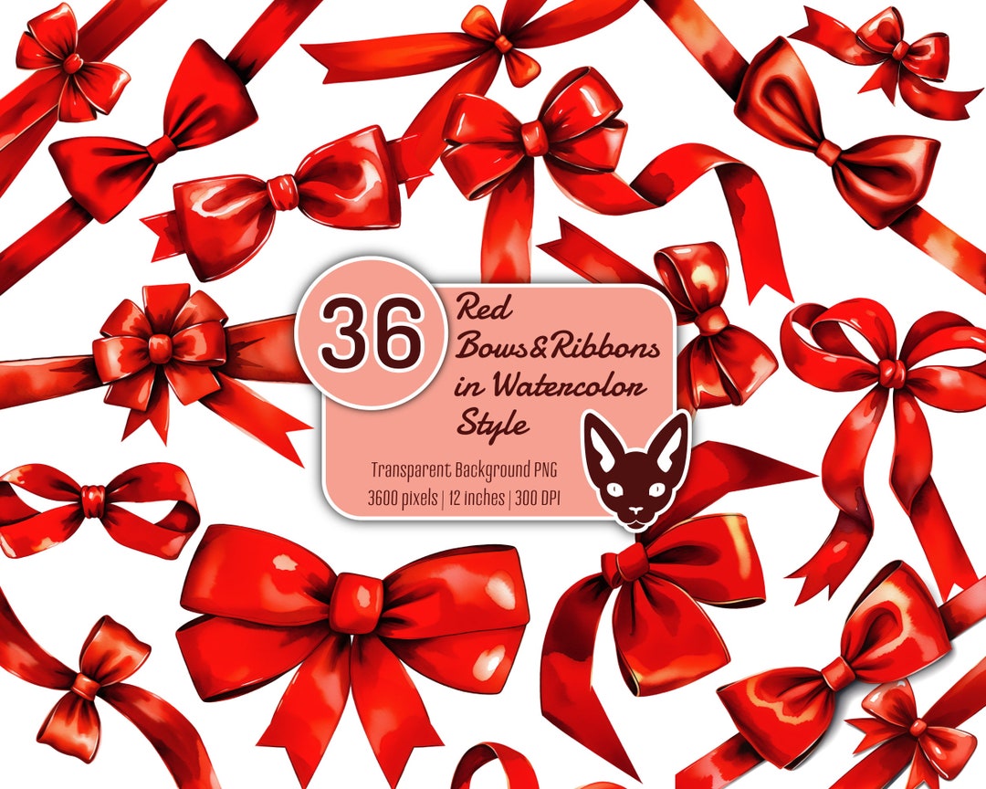 Watercolor Red Bows & Ribbons Clipart: 36 PNG Files (digital Download ...