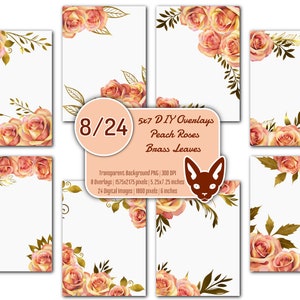 DIY - 5x7" Peach Rose & Brass Leaves Overlays Set | 32 Pngs ...