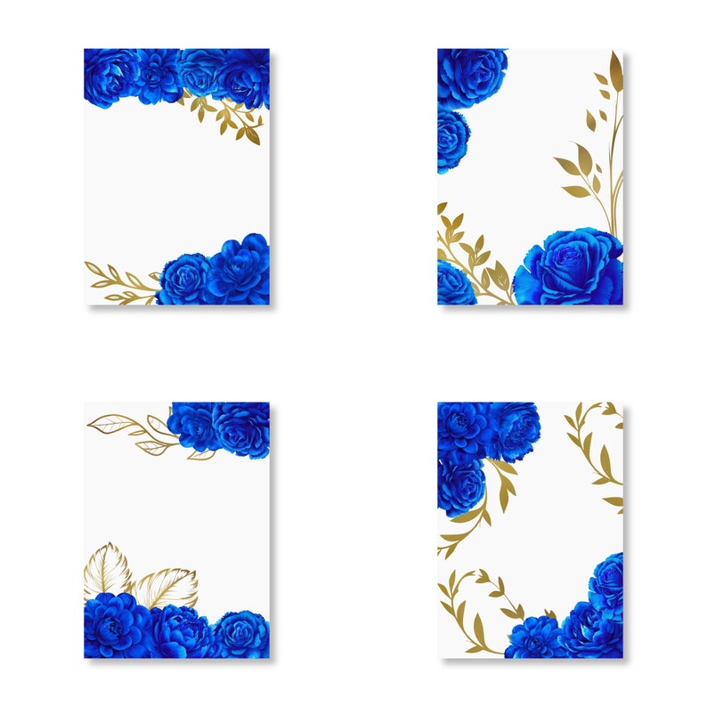 DIY 5x7" Royal Blue Flowers (peony Dahlia Carnation) & Gold Leaves ...