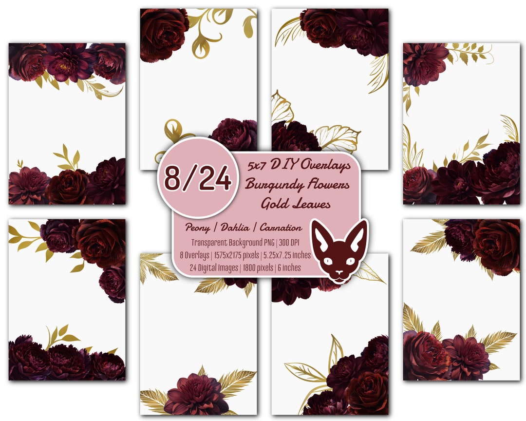 DIY 5x7 Burgundy Flowers (peony Dahlia Carnation)&gold Leaves Overlays ...