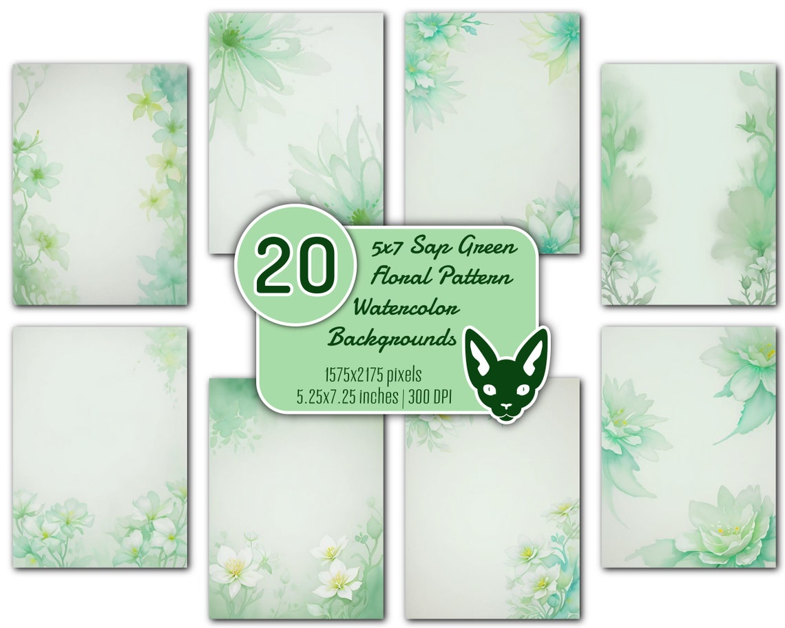 5x7 Backgrounds Sap Green Watercolor Floral Pattern Digital Paper ...