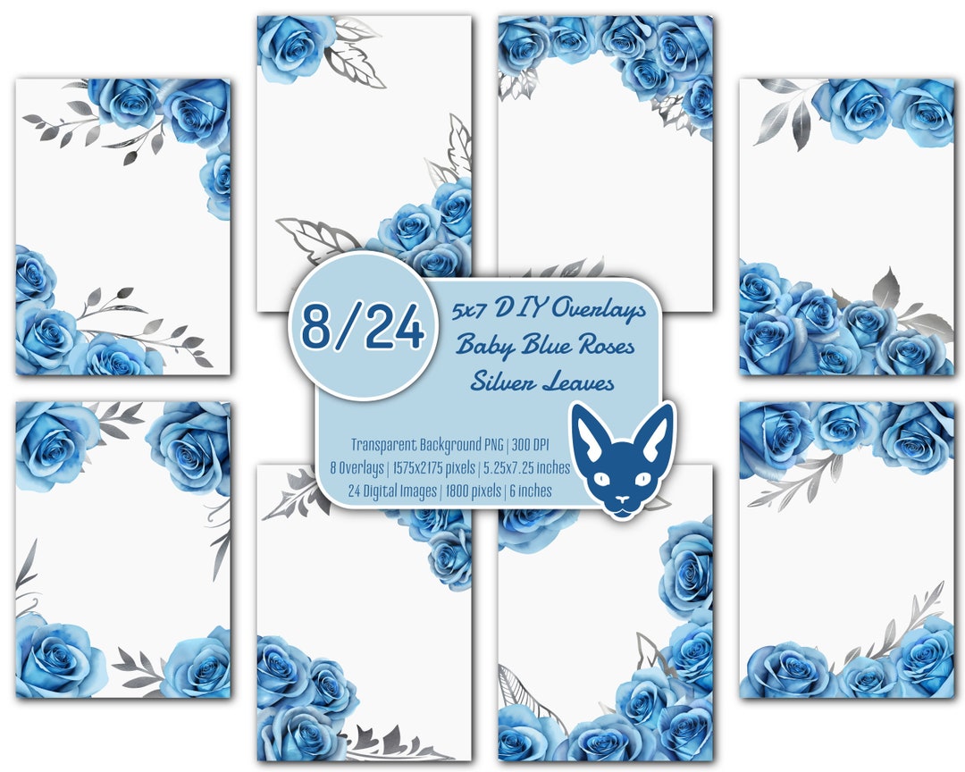 DIY 5x7" Baby Blue Rose & Silver Leaves Overlays Set | 32 Pngs ...