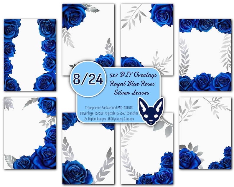 DIY - 5x7" Royal Blue Rose & Silver Leaves Overlays Set | 32 Pngs ...